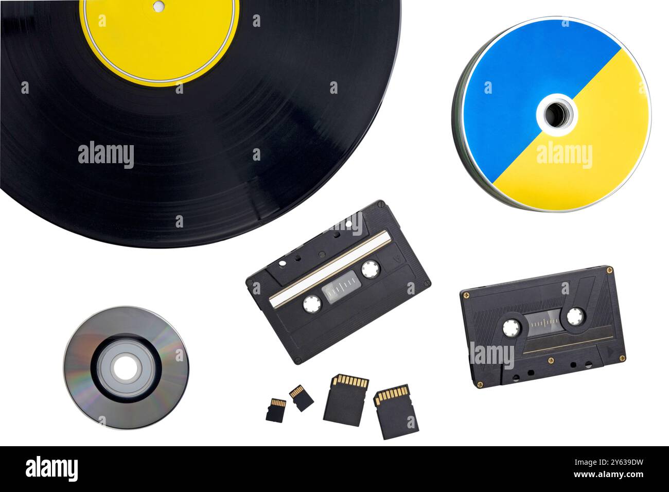 Top view from different storage medium for audio files isolated on ...