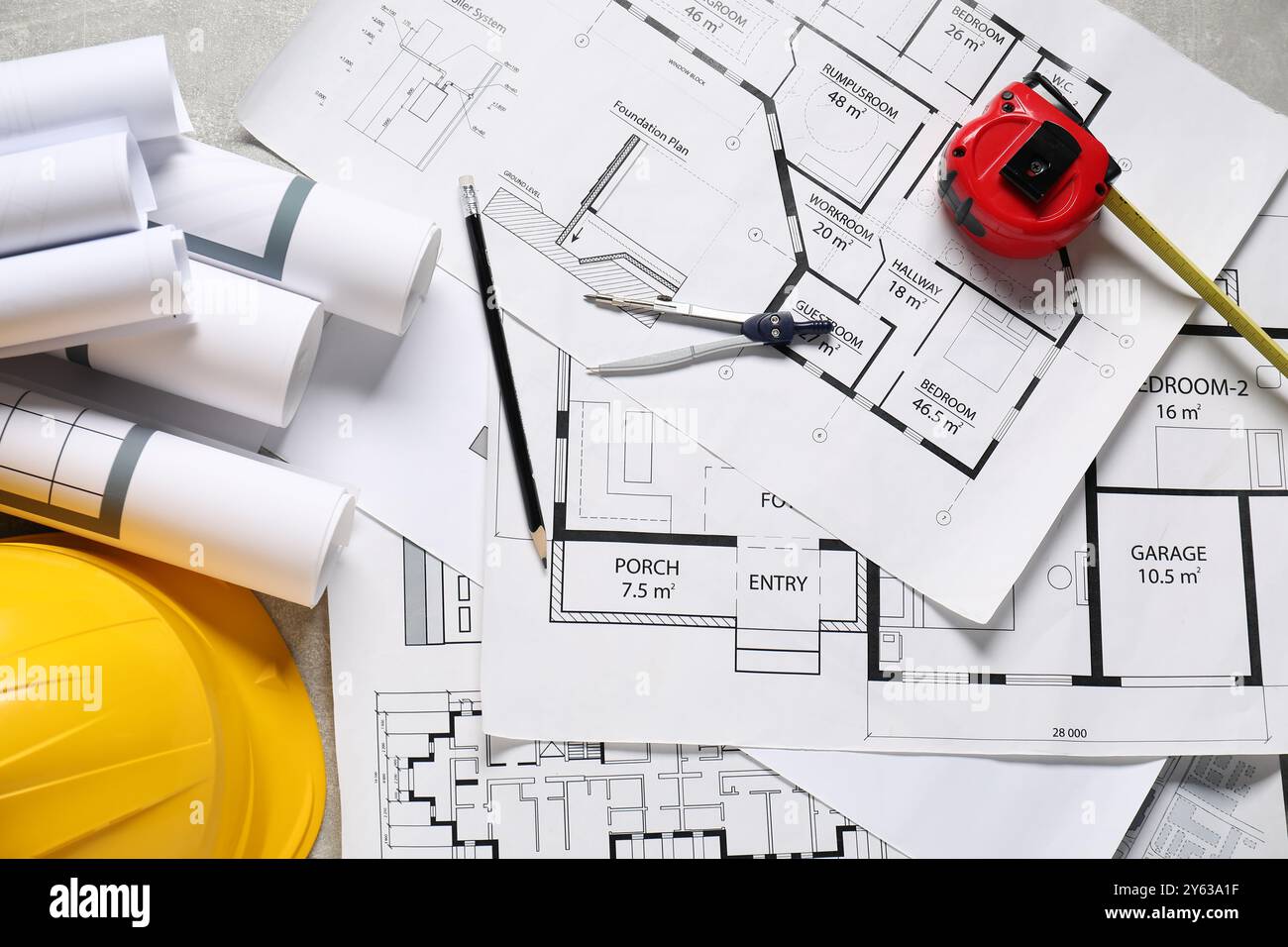 Different engineering drawings and tools on table, flat lay Stock Photo ...