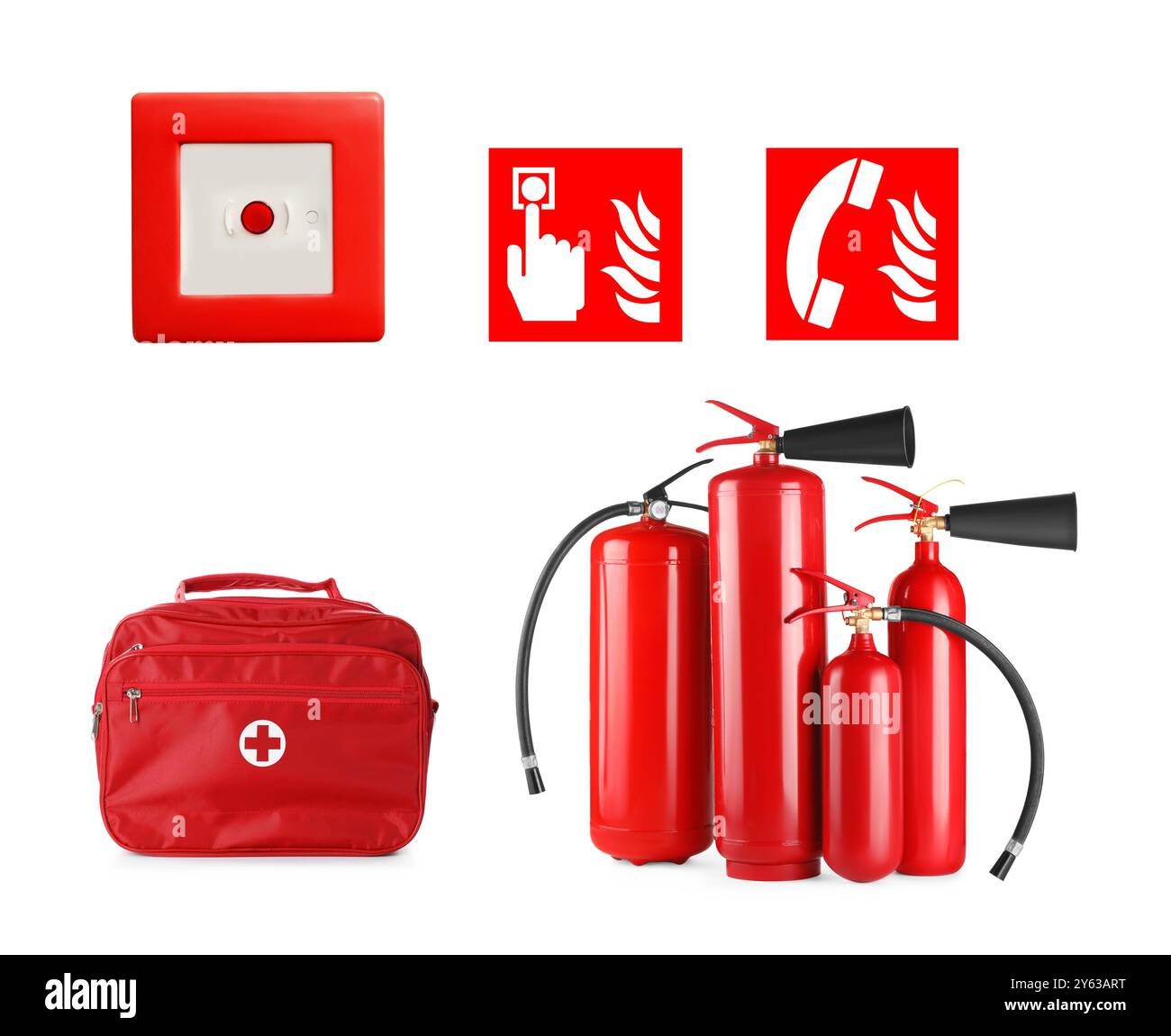 Collage with fire extinguishers and other firefighting equipment on ...