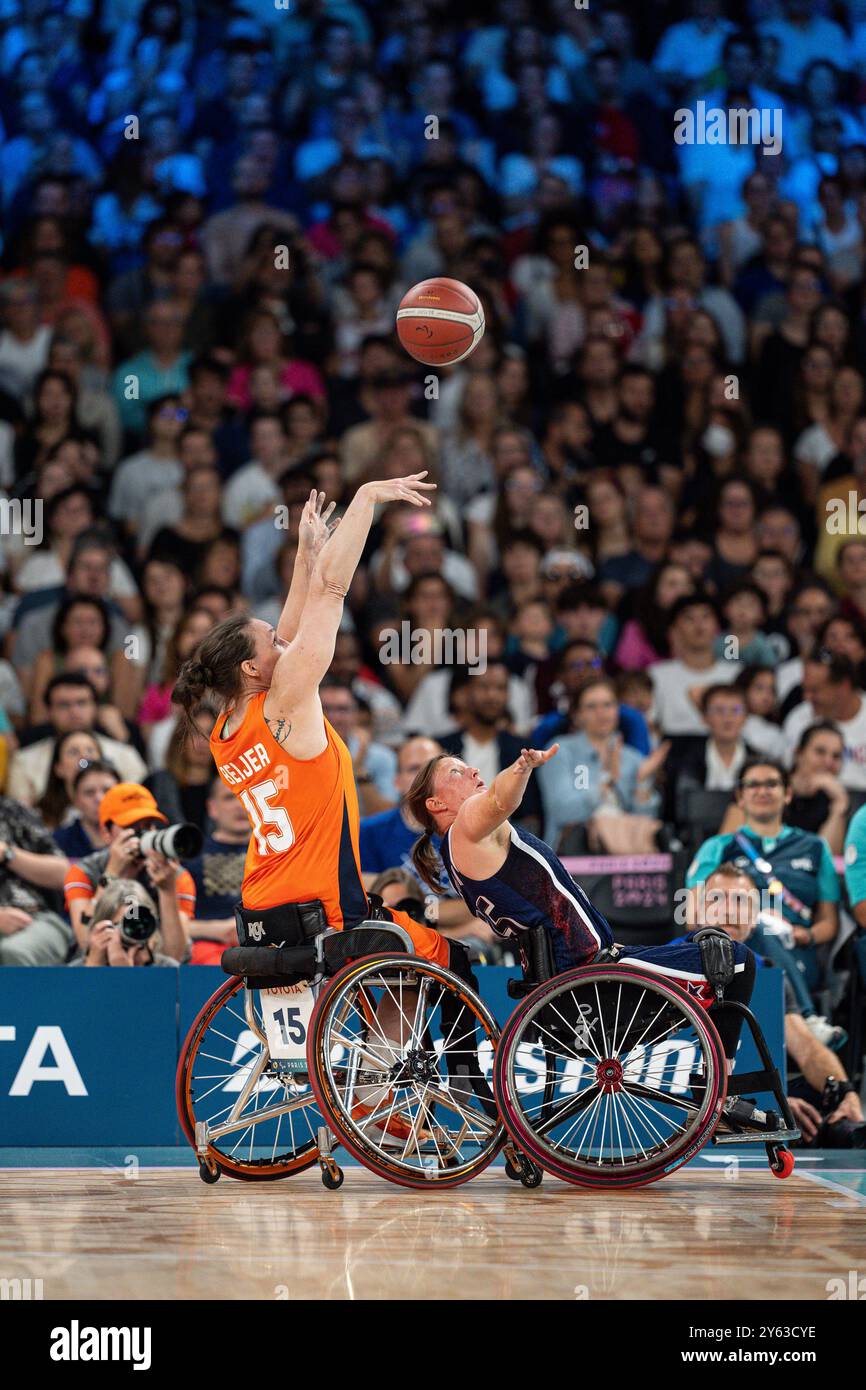 Netherlands Mariska Beijer (15) shoots over United States Courtney Ryan ...