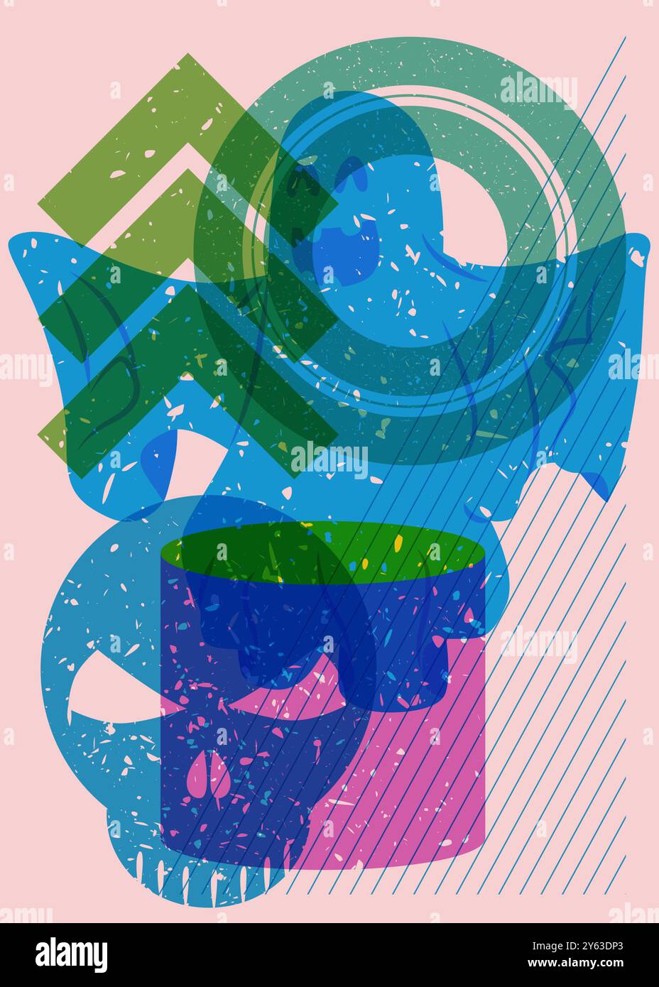 Risograph Skull and ghost with geometric shapes. Halloween objects in ...