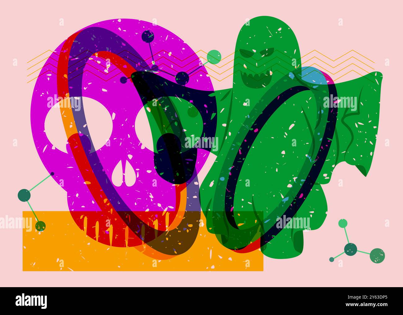 Risograph Skull and ghost with geometric shapes. Halloween objects in ...