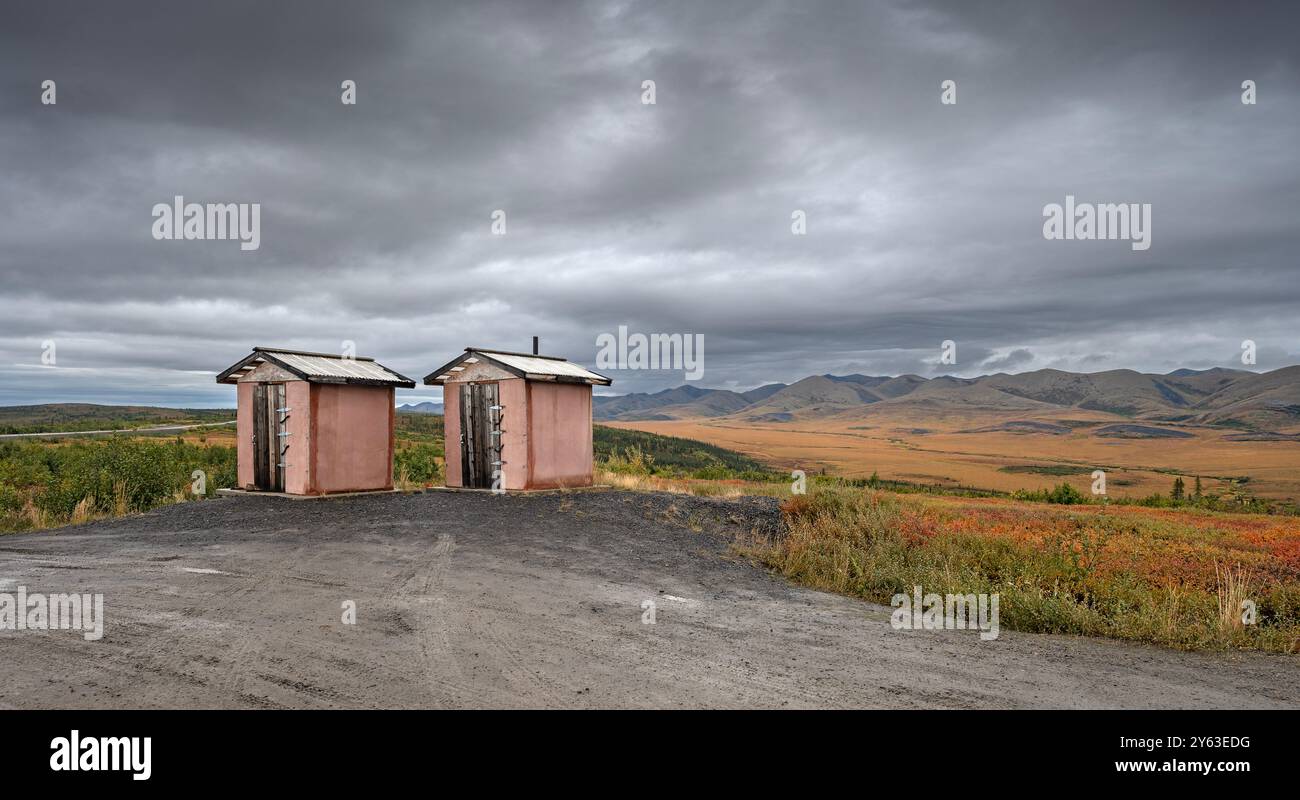 Pink outhouses on the Dempster Highway at the Arctic Circle in the ...