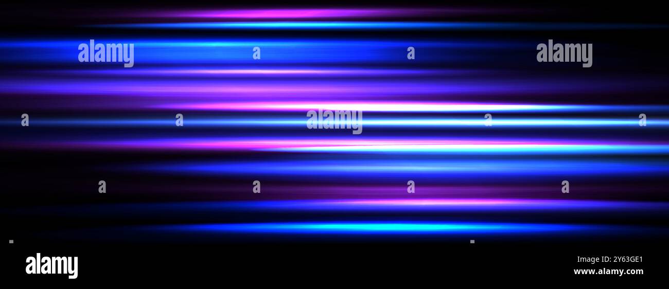 Neon glowing horizontal stripe background. Bright blue purple speed ...