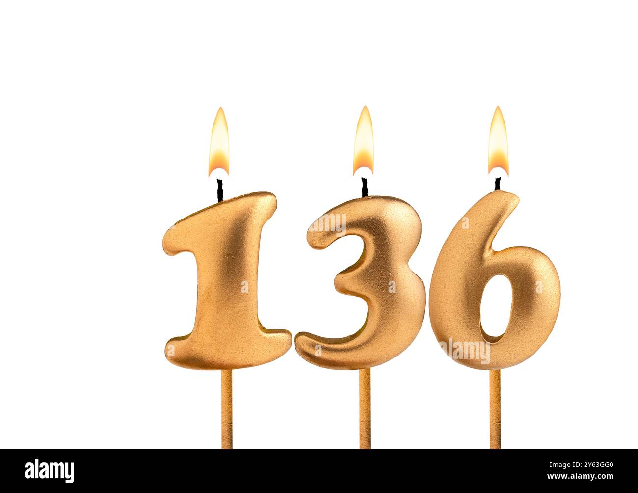 Birthday number 136 - Golden candle on white background Stock Photo - Alamy