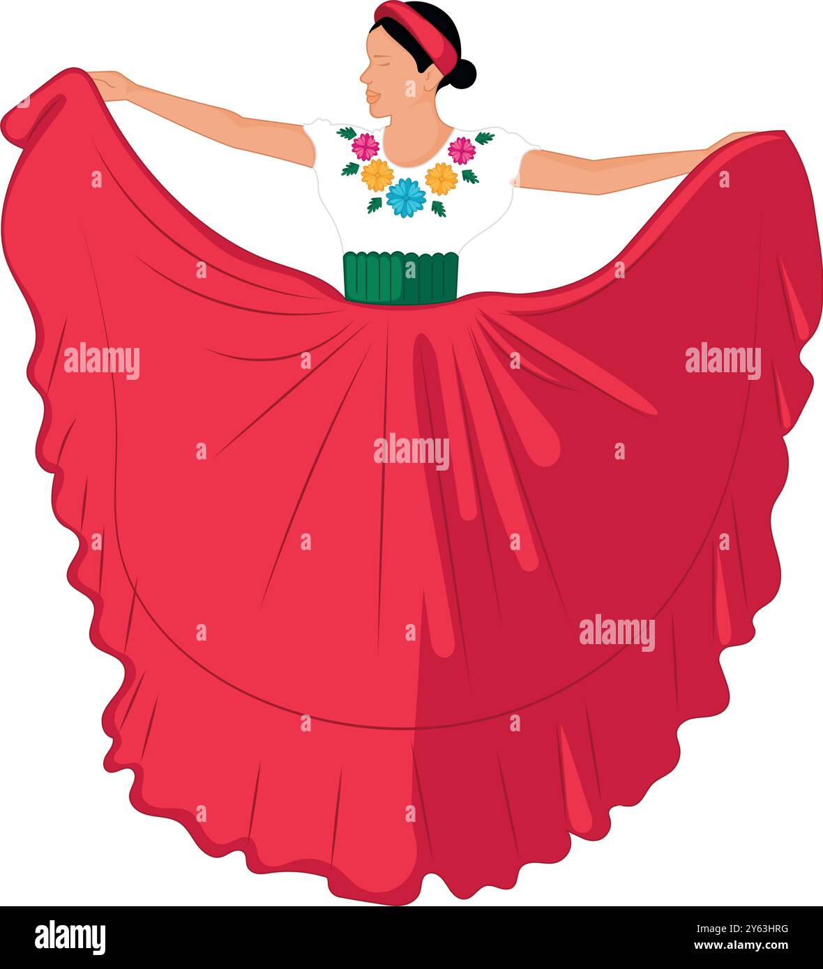 Mexican woman in red folkloric dress dancing, Vector Stock Vector Image ...