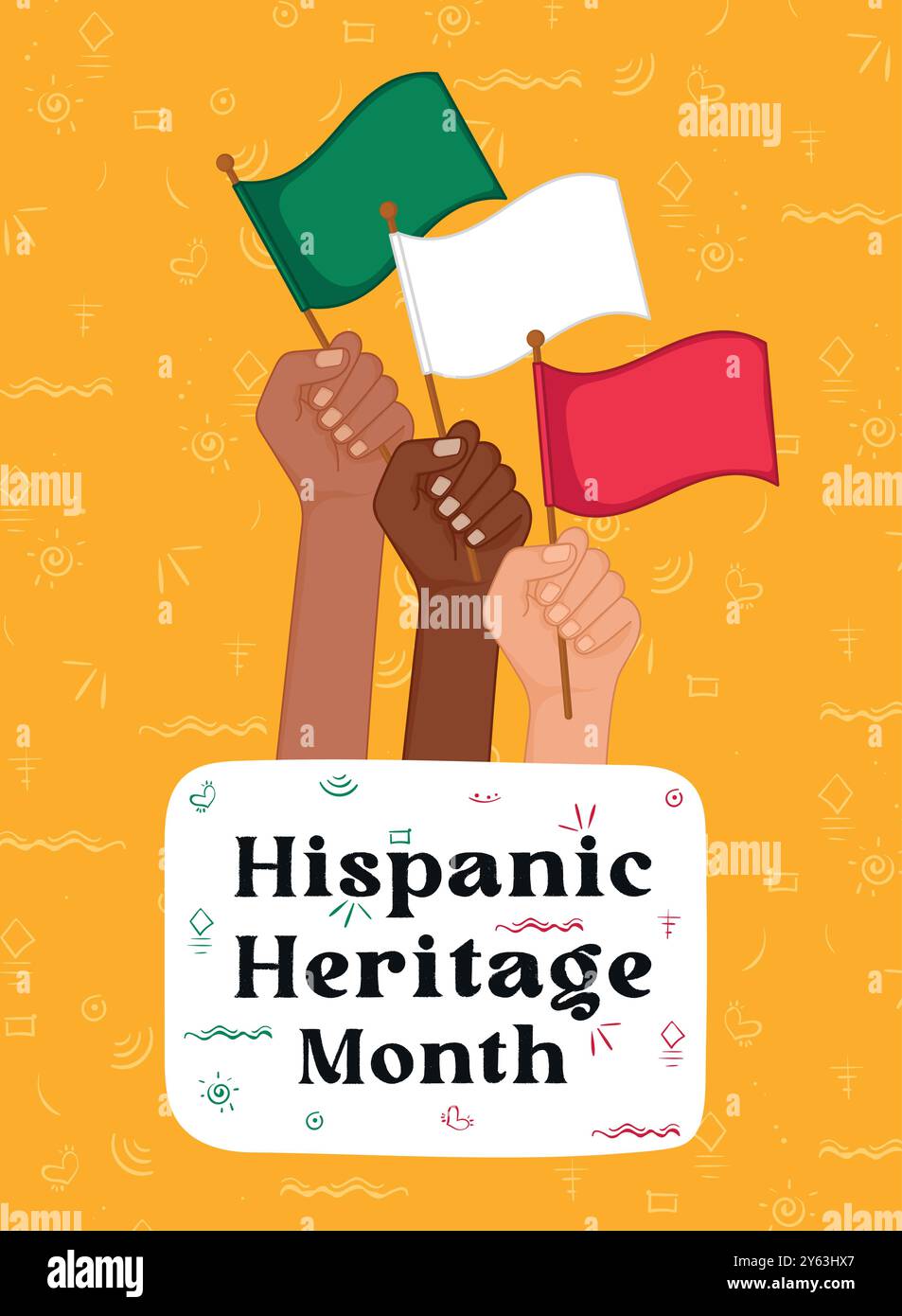 Hispanic Heritage Month banner with raised hands holding flags, Vector ...