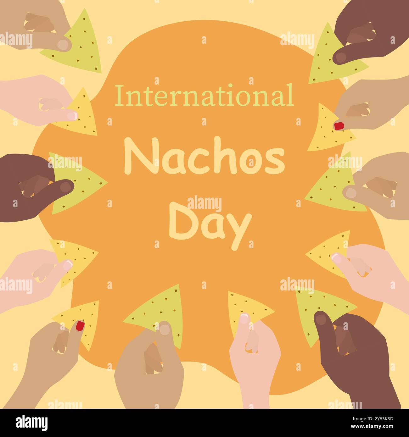 Male and female hands of different nationalities hold nachos ...