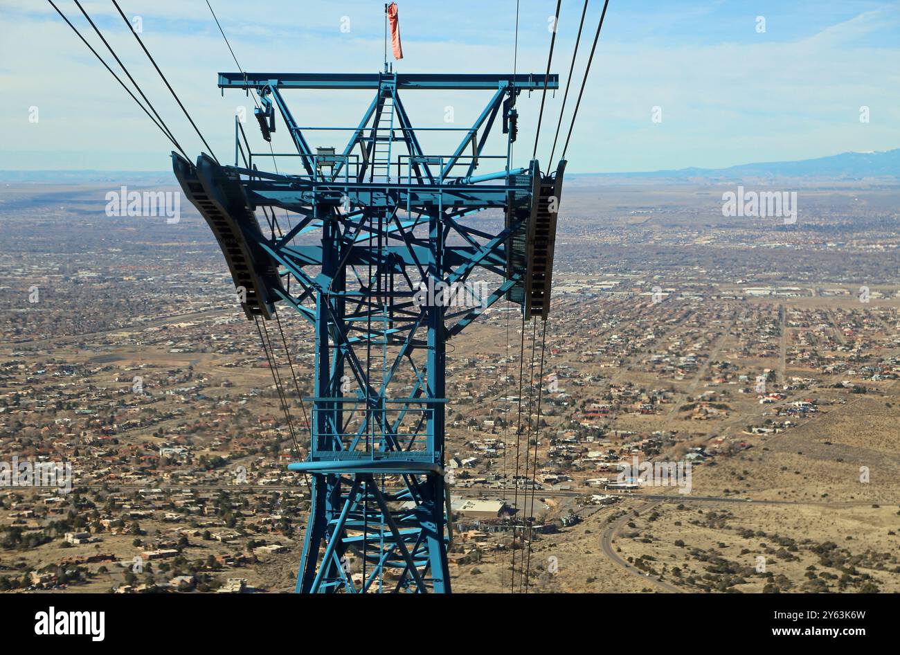 The cableway tower with Albuquerque in background, Sandia Peak, New ...