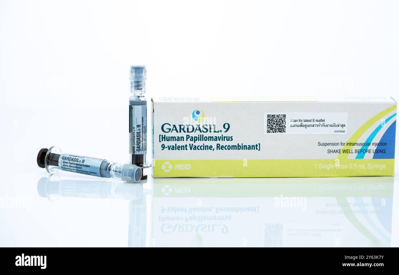 CHONBURI, THAILAND-SEPTEMBER 13, 2024: Gardasil 9 HPV vaccine packaging ...