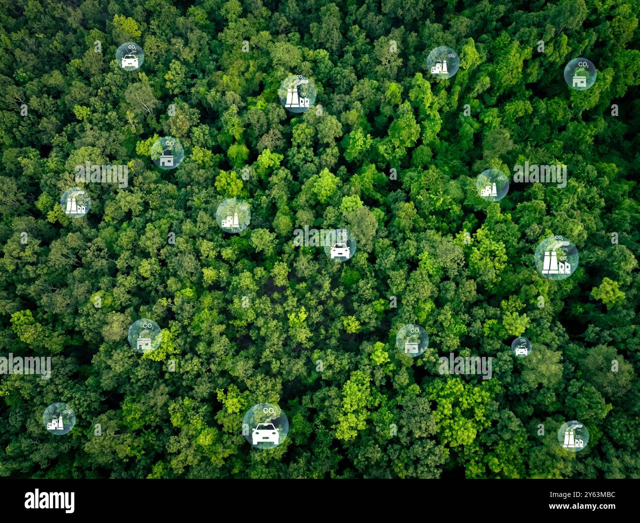 Carbon neutrality. Green trees capture emissions from factory and ...