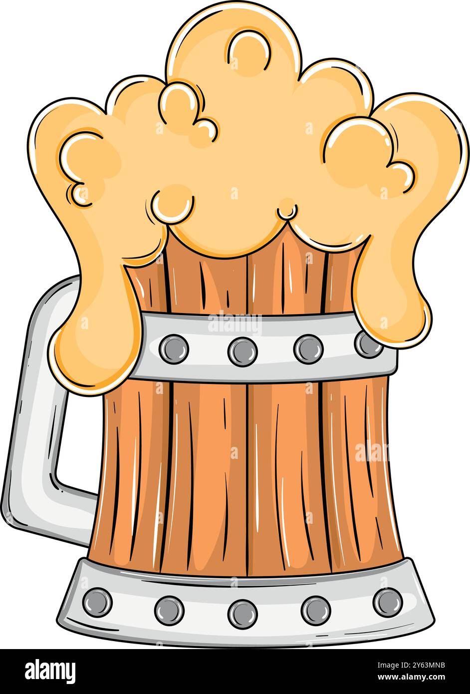 Wooden beer mug with metal accents and foam overflow, Vector Stock ...