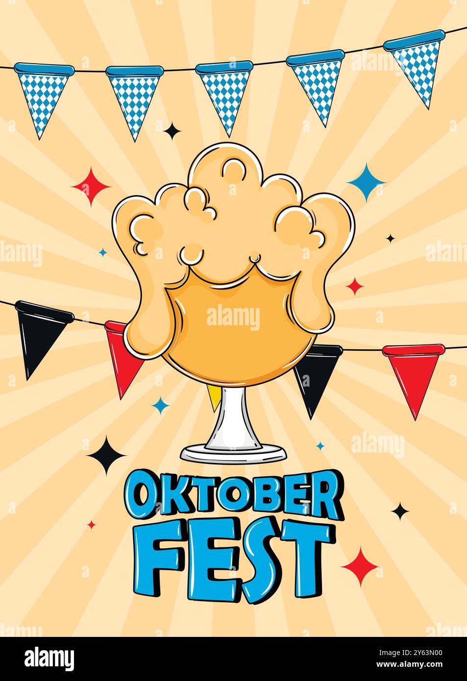 Oktoberfest beer glass with foam and festival flags, Vector Stock ...
