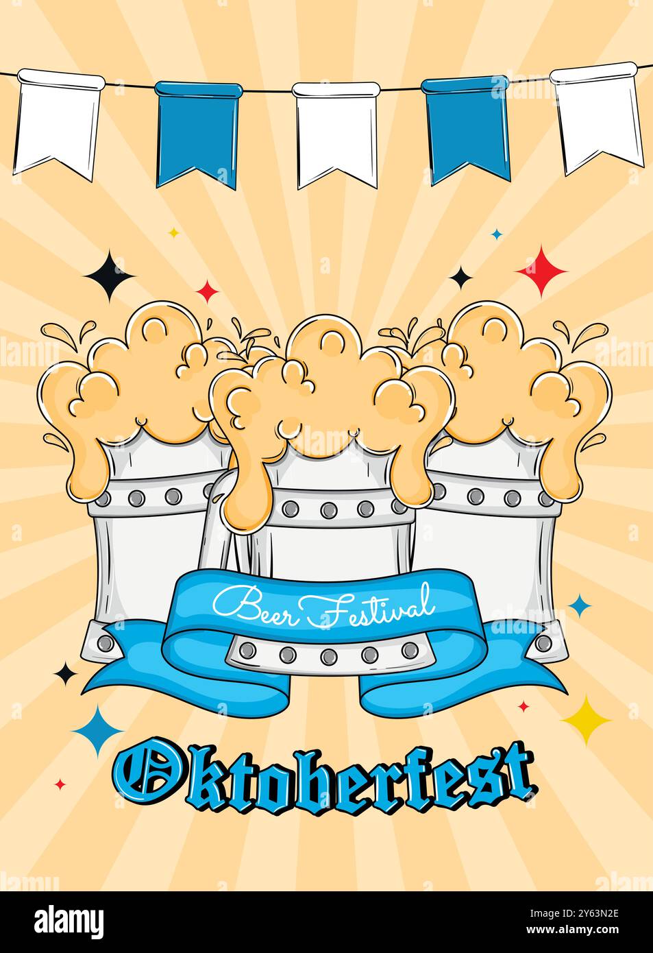 Three Oktoberfest beer mugs with foam and blue ribbon, Vector Stock ...