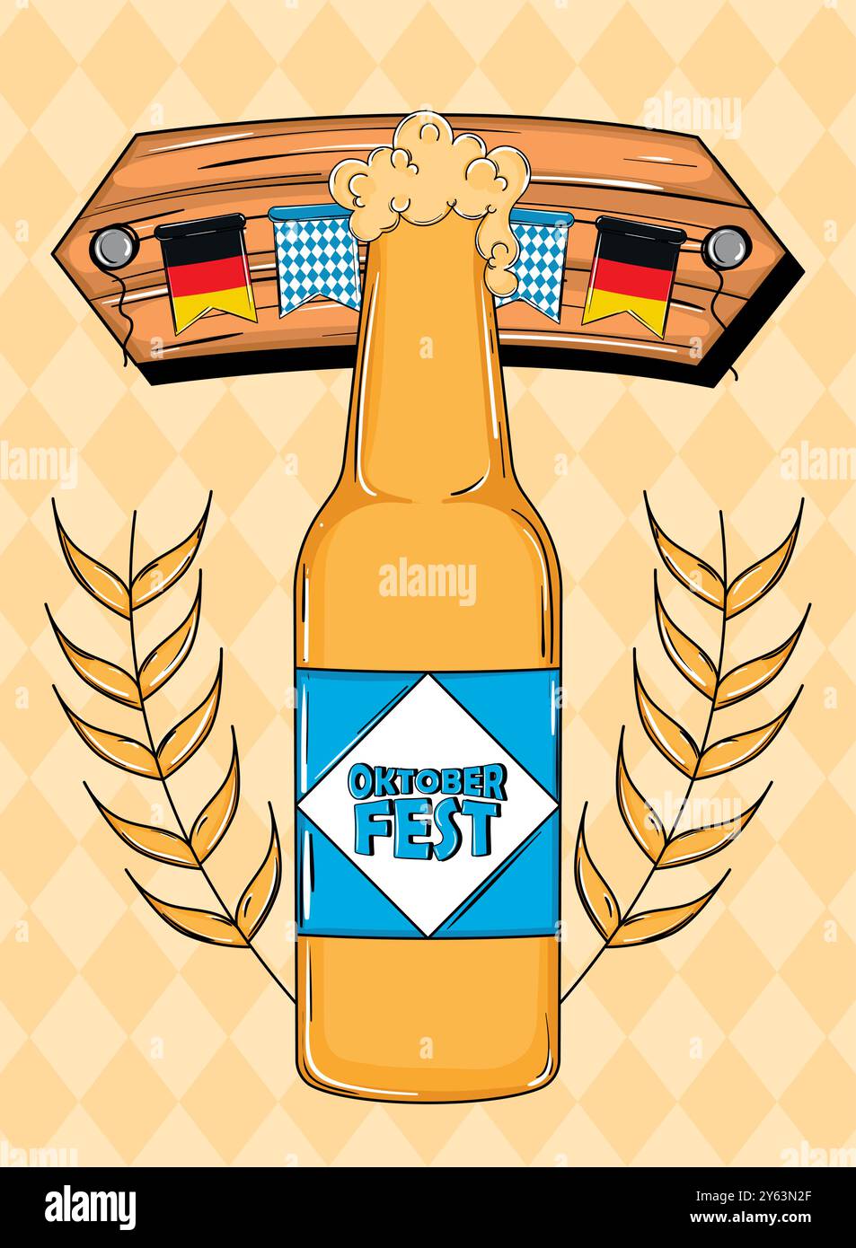 Oktoberfest beer bottle with flags and wheat decoration, Vector Stock ...