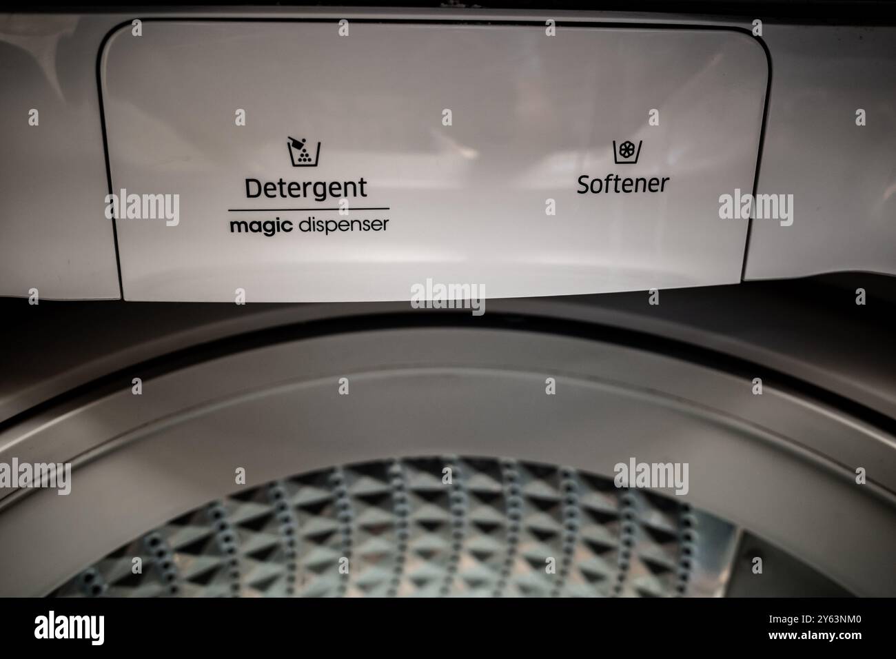 Detergent and softener tray inside a washing machine Stock Photo - Alamy