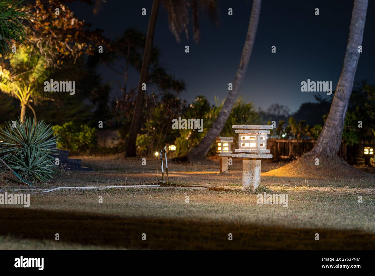 Warm Yellow Garden Lamp Shining Through the Night. Serene Nighttime ...