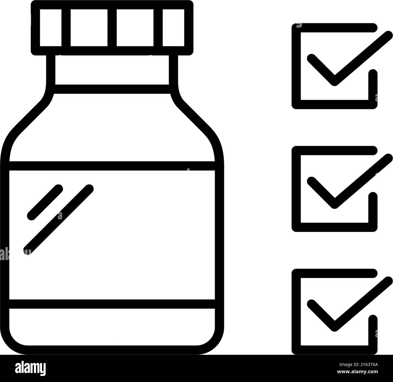 Bottle of pills and list of checkmarks. Certified and approved ...