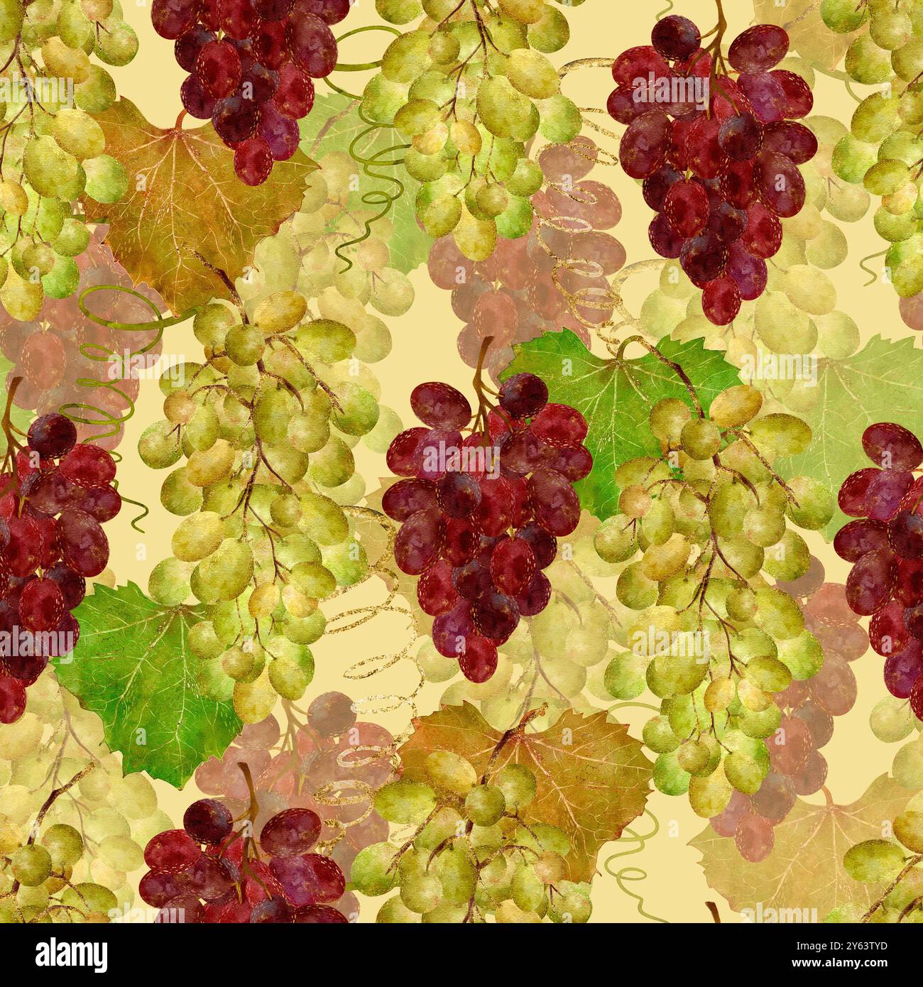 This vibrant pattern features red and green grapes with lush leaves ...