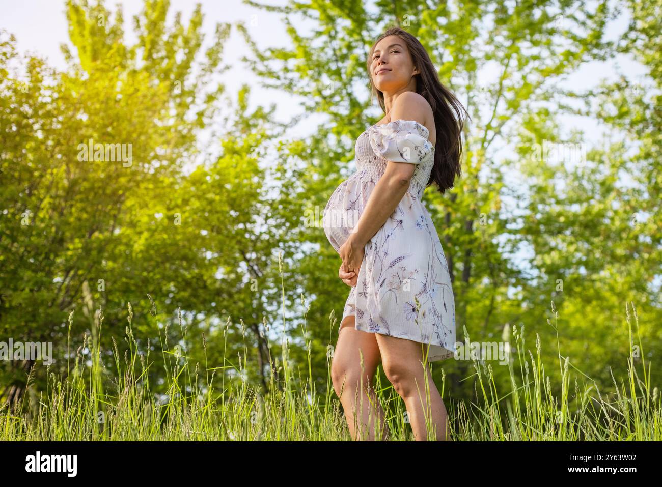 Pregnant woman holding showing belly baby bump smiling happy in 3rd ...