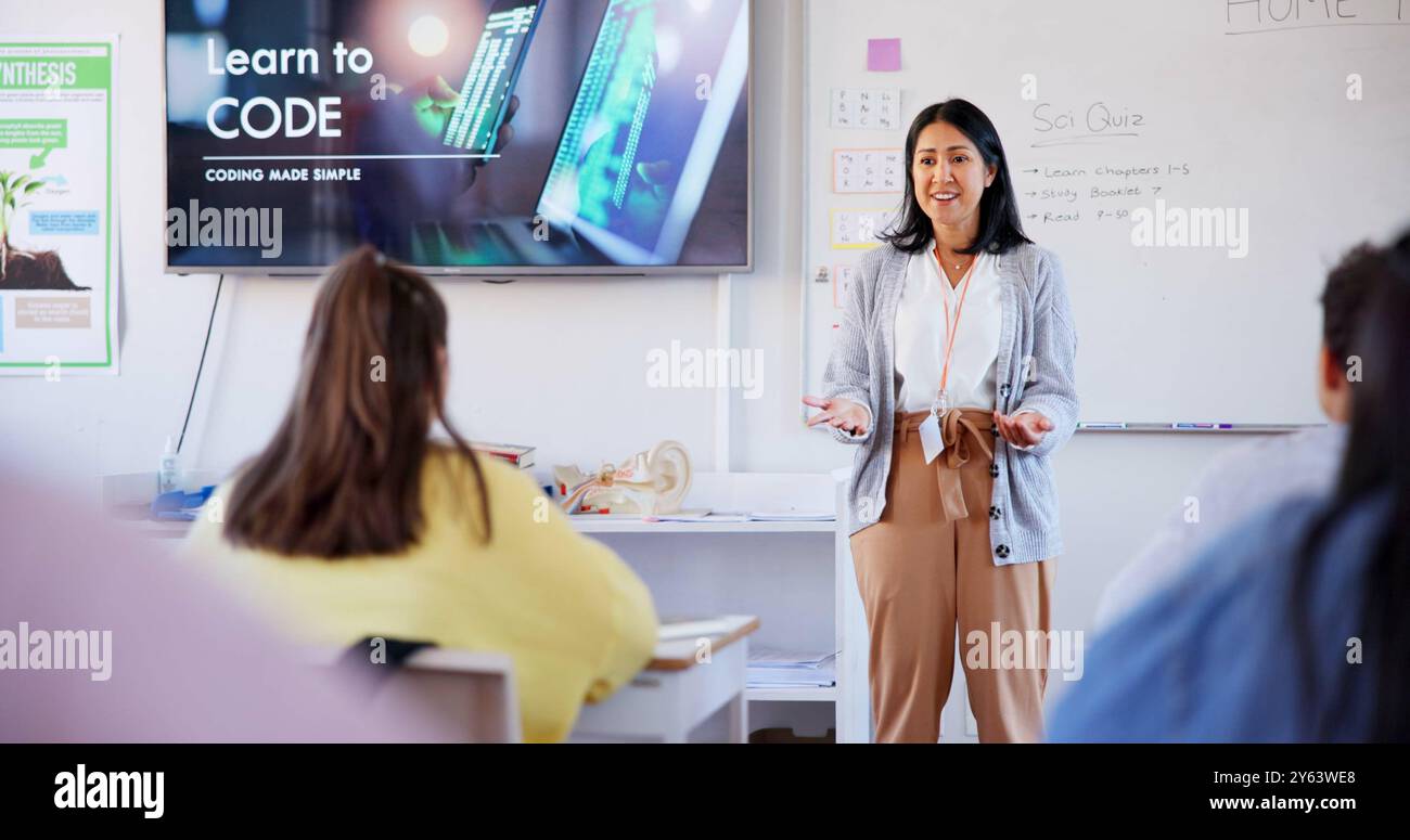 Education, teacher and students with presentation in classroom for introduction to coding and ...