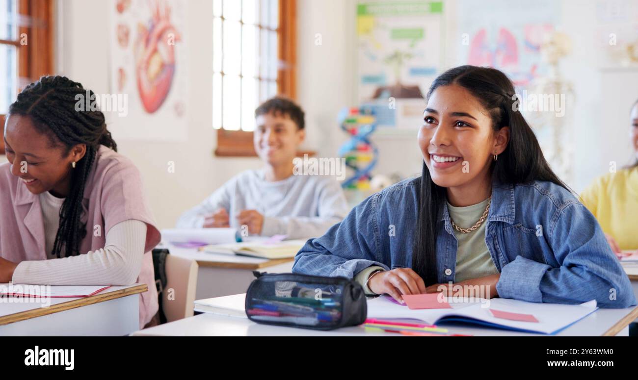 Education, happy and students at school for class, fun lesson and ...