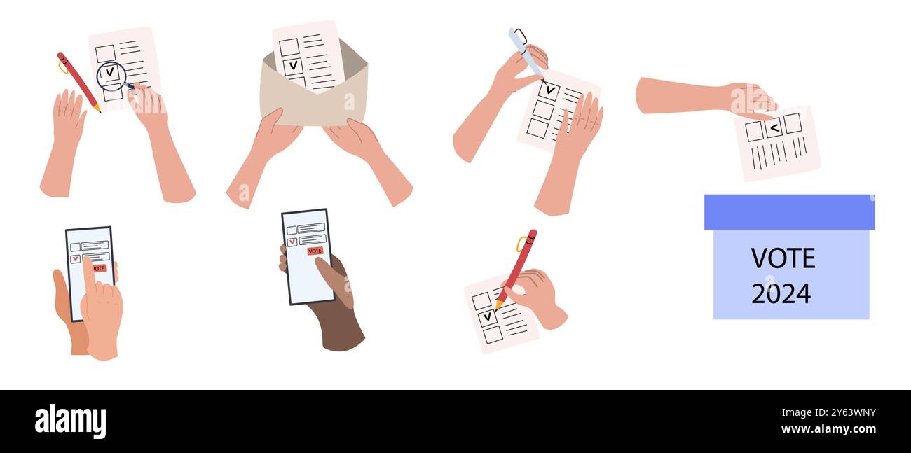 Set of election 2024 vector illustrations, people voting in USA ...