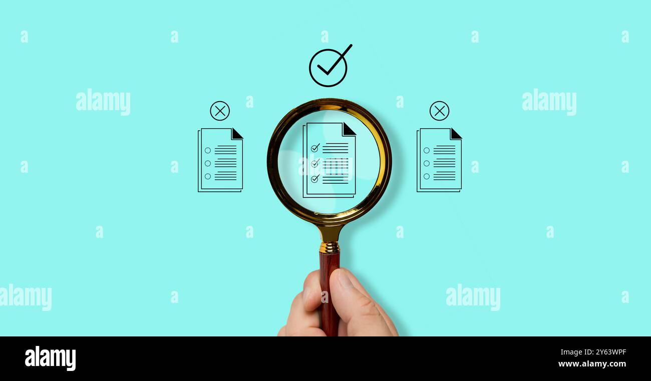 Magnifying glass focus to Approve document icon on blue background for ...
