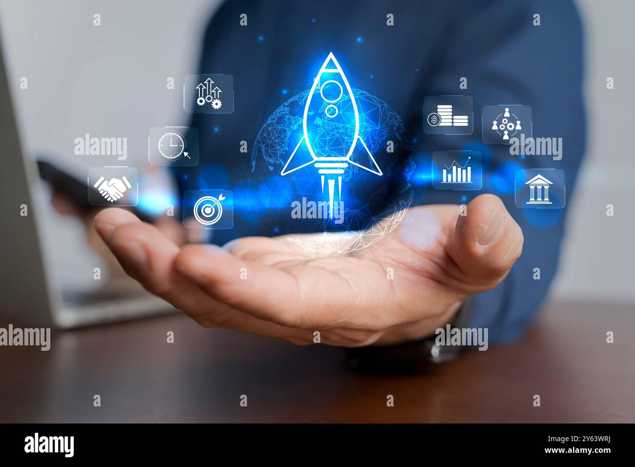 Businessman and rocket start flying up and network line connection ...