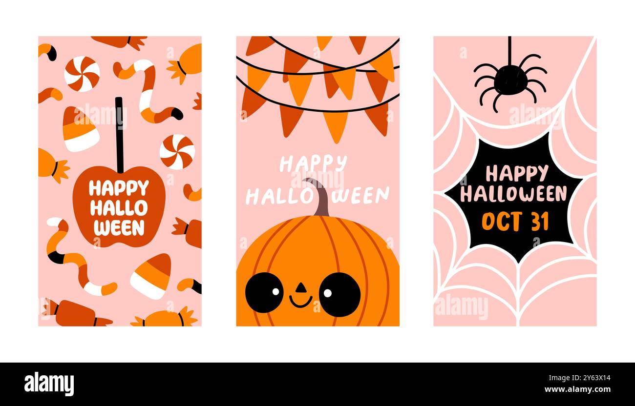 Halloween pink poster set. Trendy flat style and funny characters. Cute ...