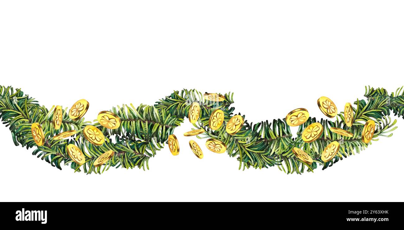 Seamless border with green fir branches, lucky shamrock leaves, gold ...