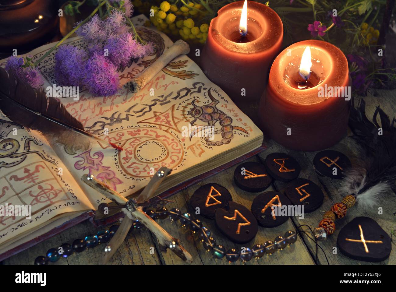 Mystic still life with runes, magic book of spells and witchy ritual ...