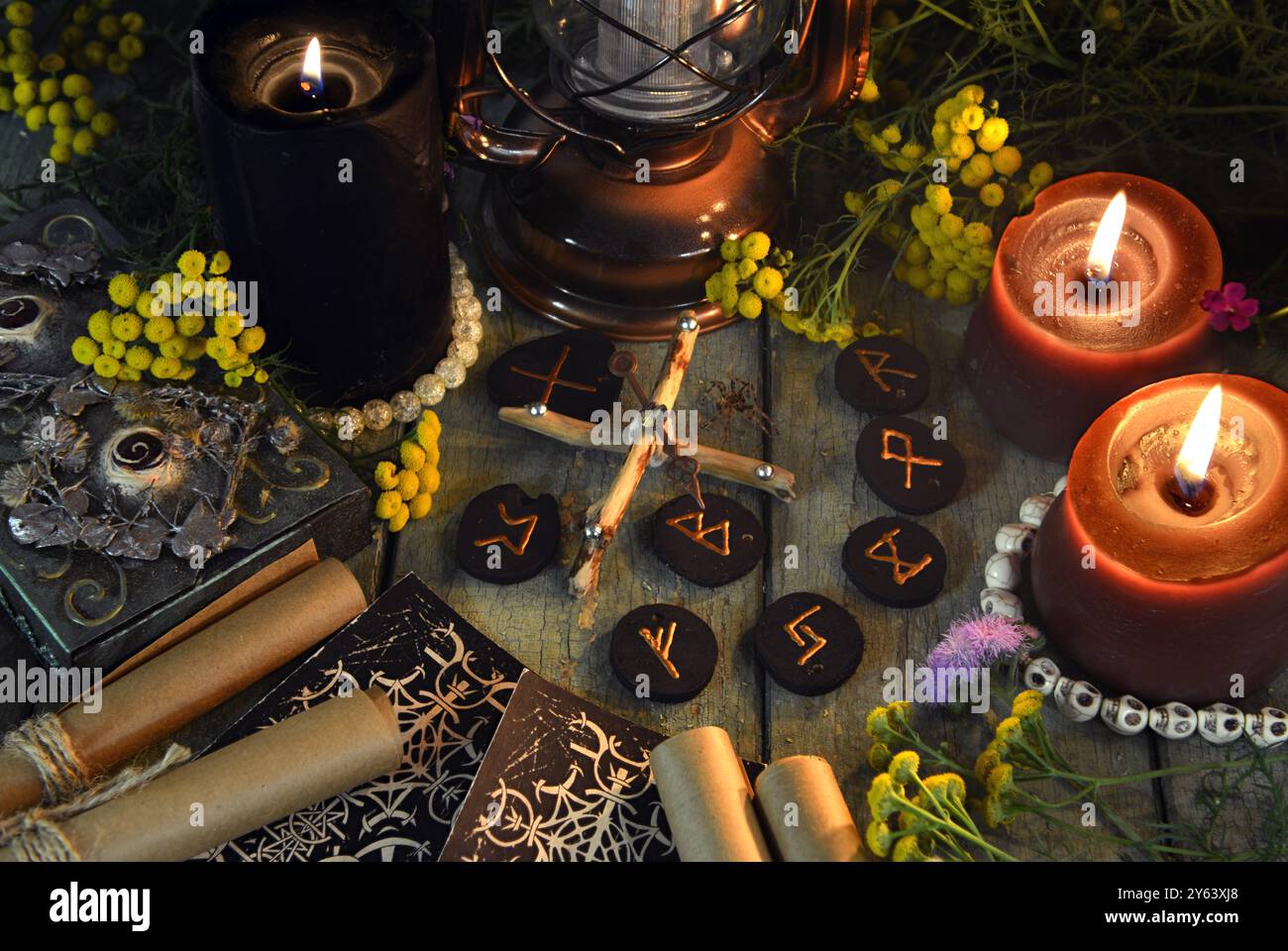 Mystic still life with runes, tarot cards and witchy ritual objects on ...