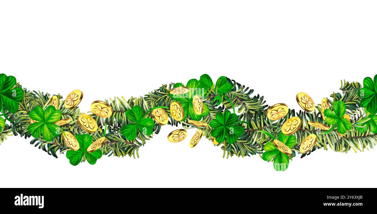 Seamless border with green fir branches, lucky shamrock leaves, gold ...