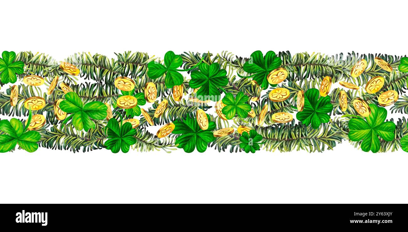Seamless border with green fir branches, lucky shamrock leaves, gold ...