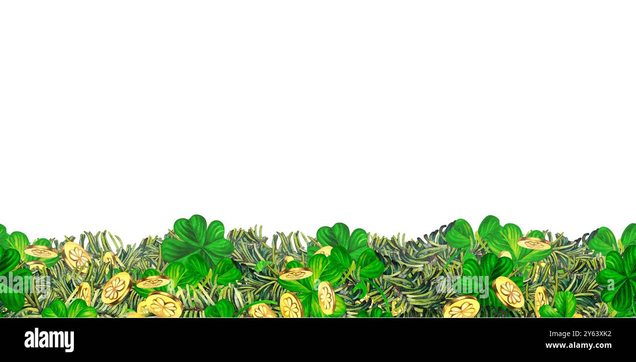 Seamless border with green fir branches, lucky shamrock leaves, gold ...