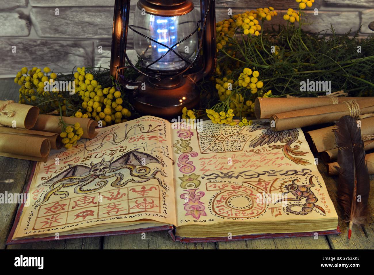 Mystic still life with lantern, magic book of spells and witchy ritual ...