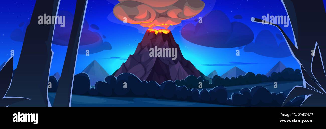 Volcano eruption on night tropical island. Vector cartoon illustration ...