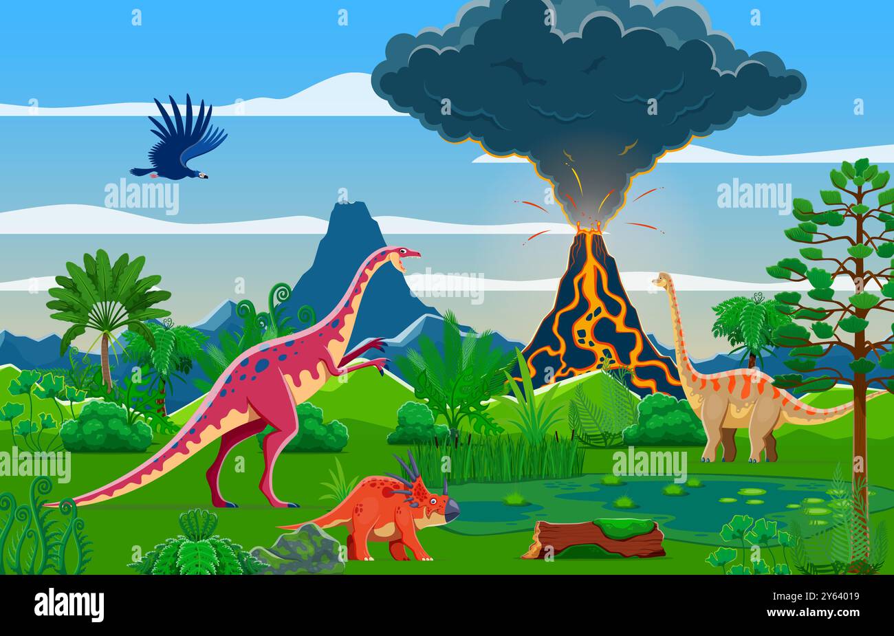 Prehistoric landscape with volcano, dinosaurs and mountains. Cartoon vector prehistoric era ...