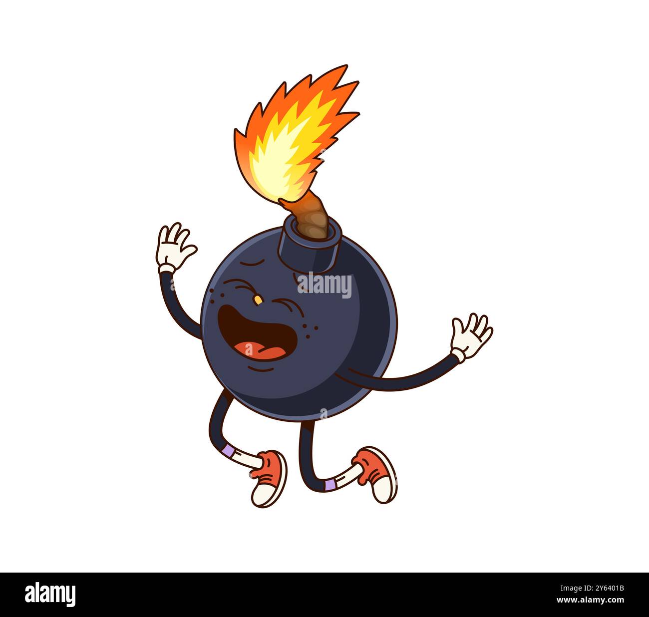 Cartoon retro groovy bomb character with round, black body, lit fuse ...