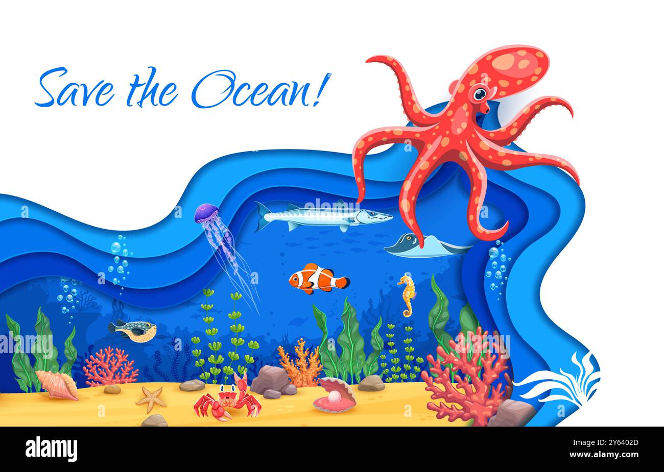 Save the ocean paper cut underwater landscape poster with funny octopus ...