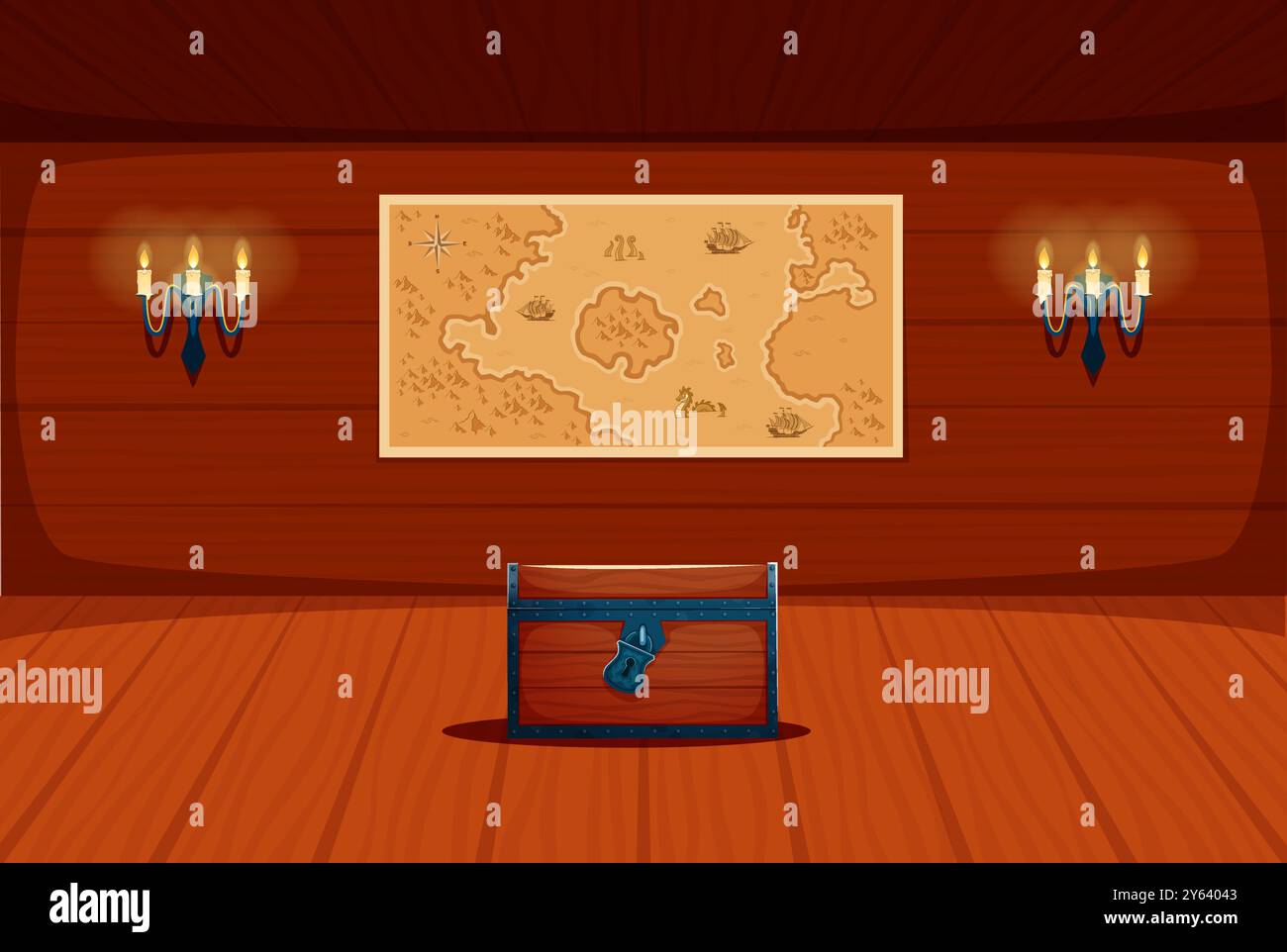 Pirate ship cabin inside interior. Cartoon vector wooden corsair boat ...