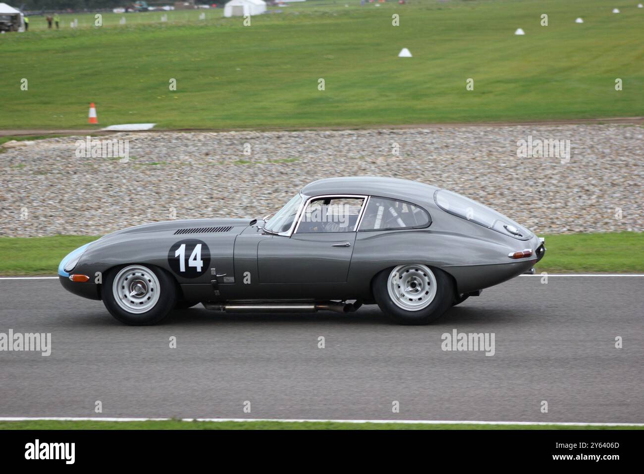 A black 1961 Jaguar E-type FHC at the Goodwood Revival 2017 during the ...
