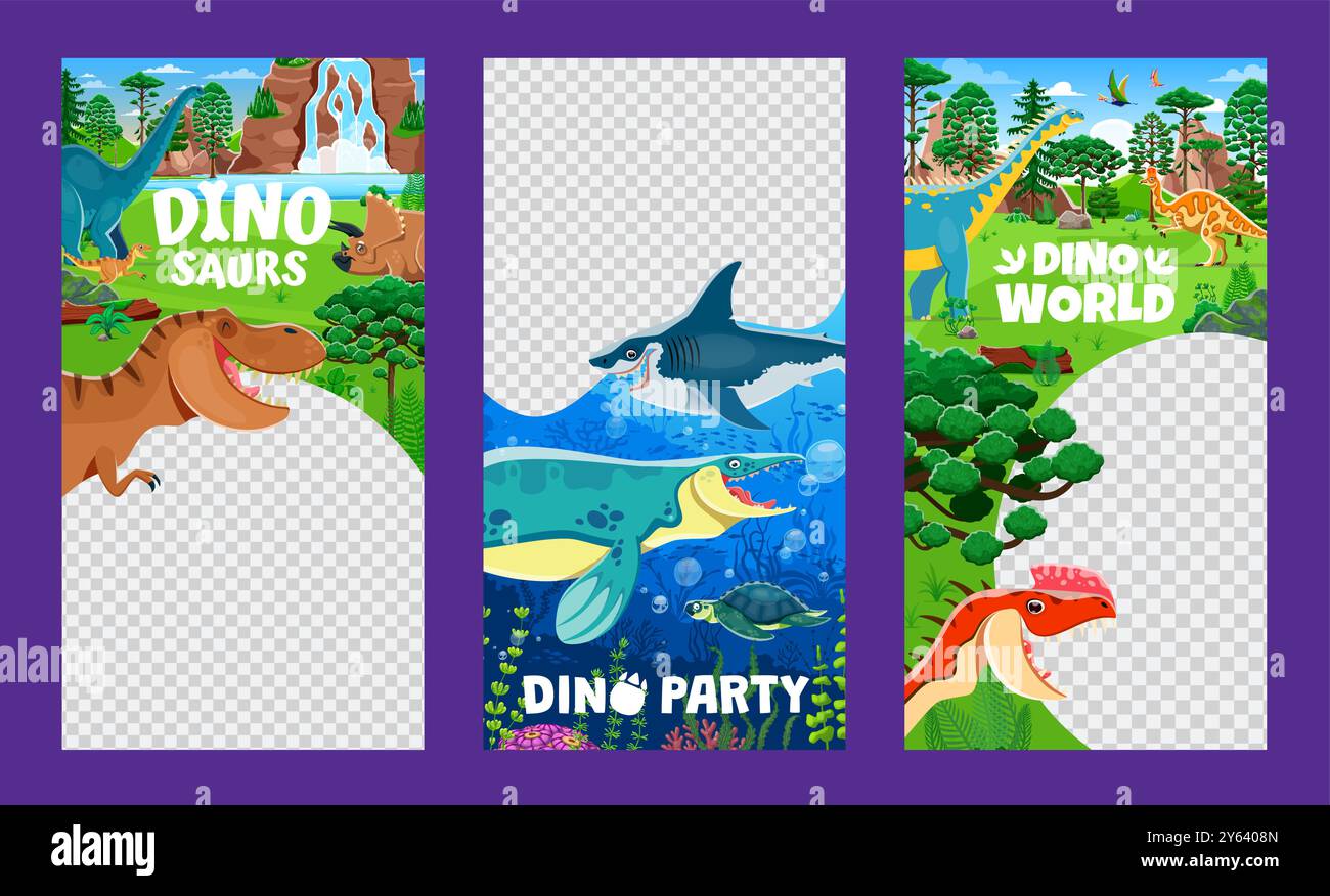 Dino party and park poster templates with cartoon dinosaur characters ...