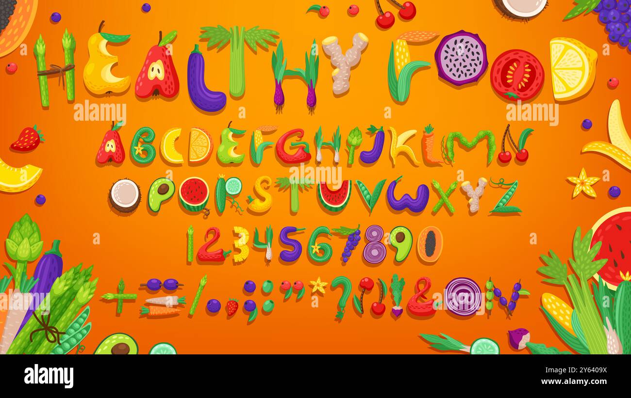 Fruit and vegetable font, healthy type, farm crop alphabet, summer ...