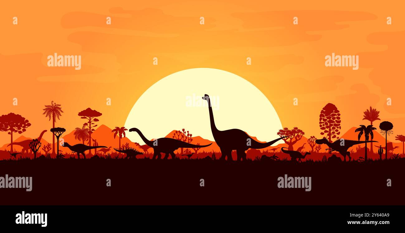 Sunset landscape with giant prehistoric dinosaurs silhouettes. Vector ...
