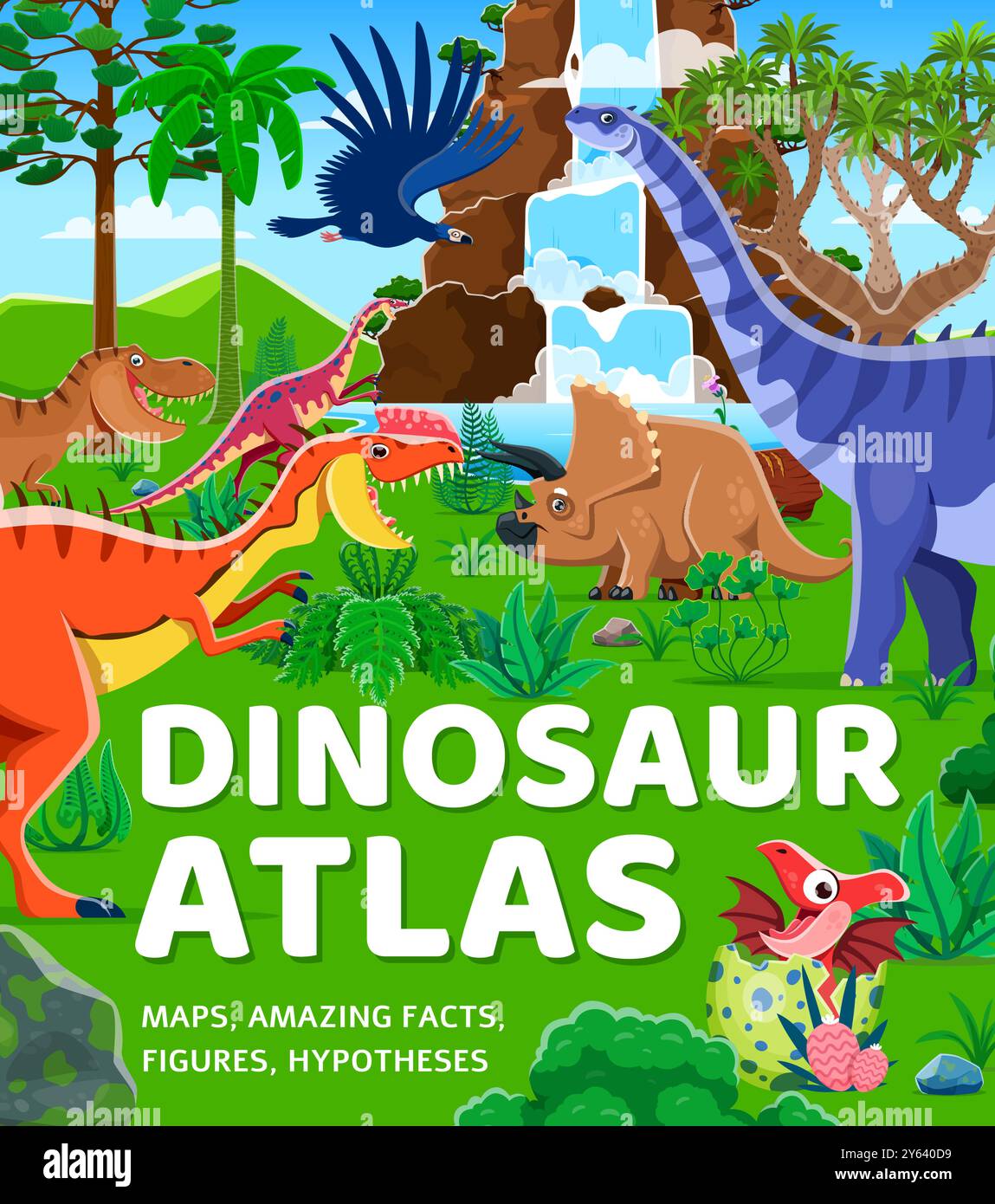 Dinosaur atlas book cover with prehistoric dino characters of Jurassic ...