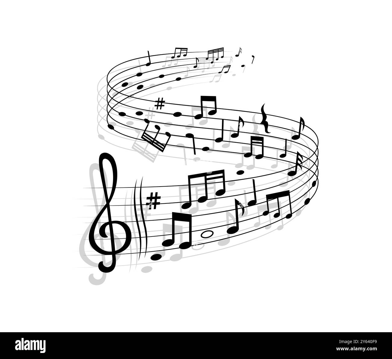 Song wave with music notes, vector sound swirl with musical notes ...