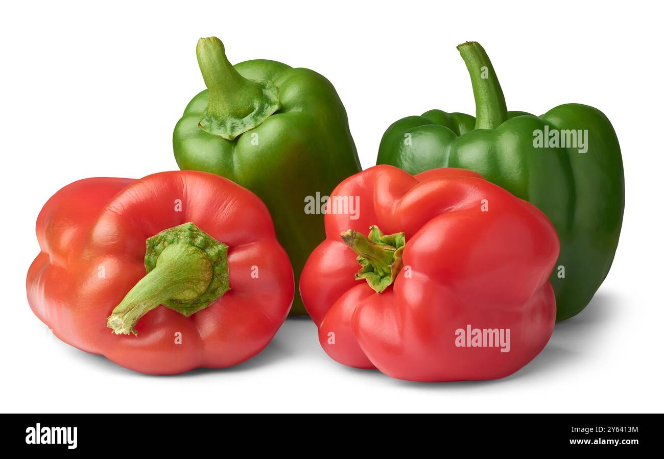 bunch of red and green color bell peppers isolated white background ...