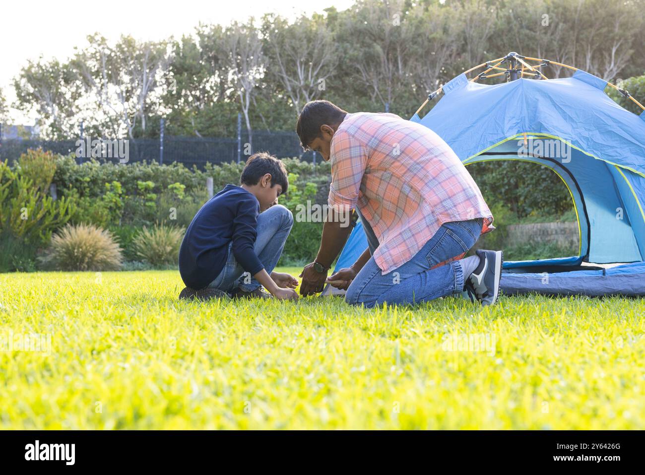 Setting up tent, Indian father and son enjoying outdoor camping ...